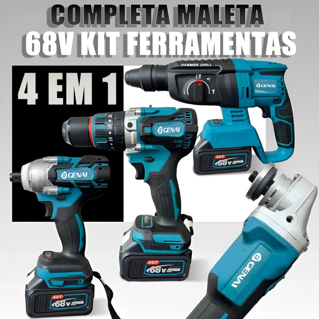 Kit 4 em 1 Ferramentas Motor 68V Brushless 2 Baterias Com Maleta Parafusadeira Furadeira ...