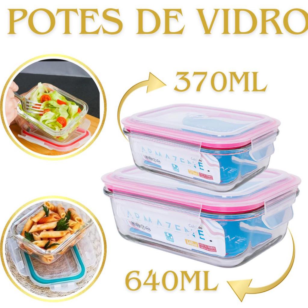 02 Potes de Vidro Com Tampa Hermética 370 + 640 ML - Marmita Fitness ...