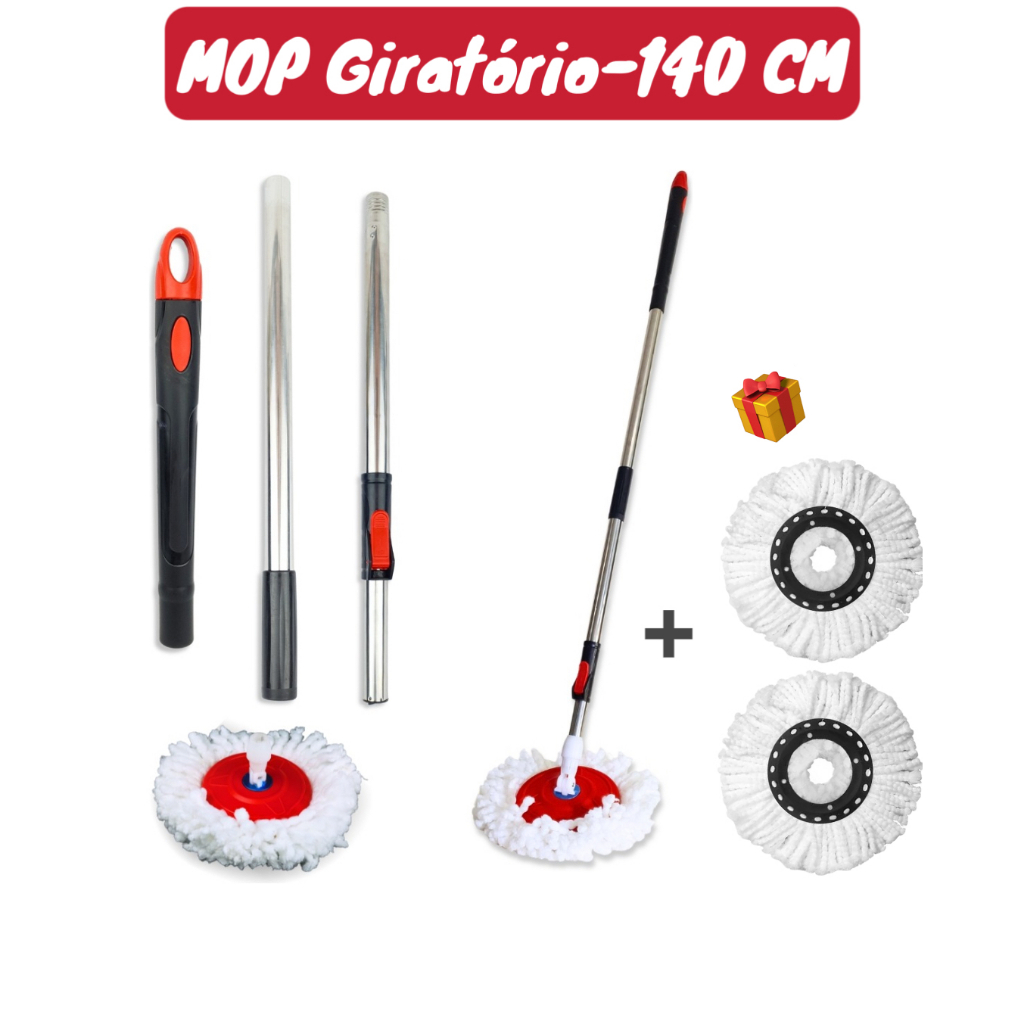 Cabo Mop Giratório Completo Com 140 Cm + KIT 2 Refil Mop Giratório ...