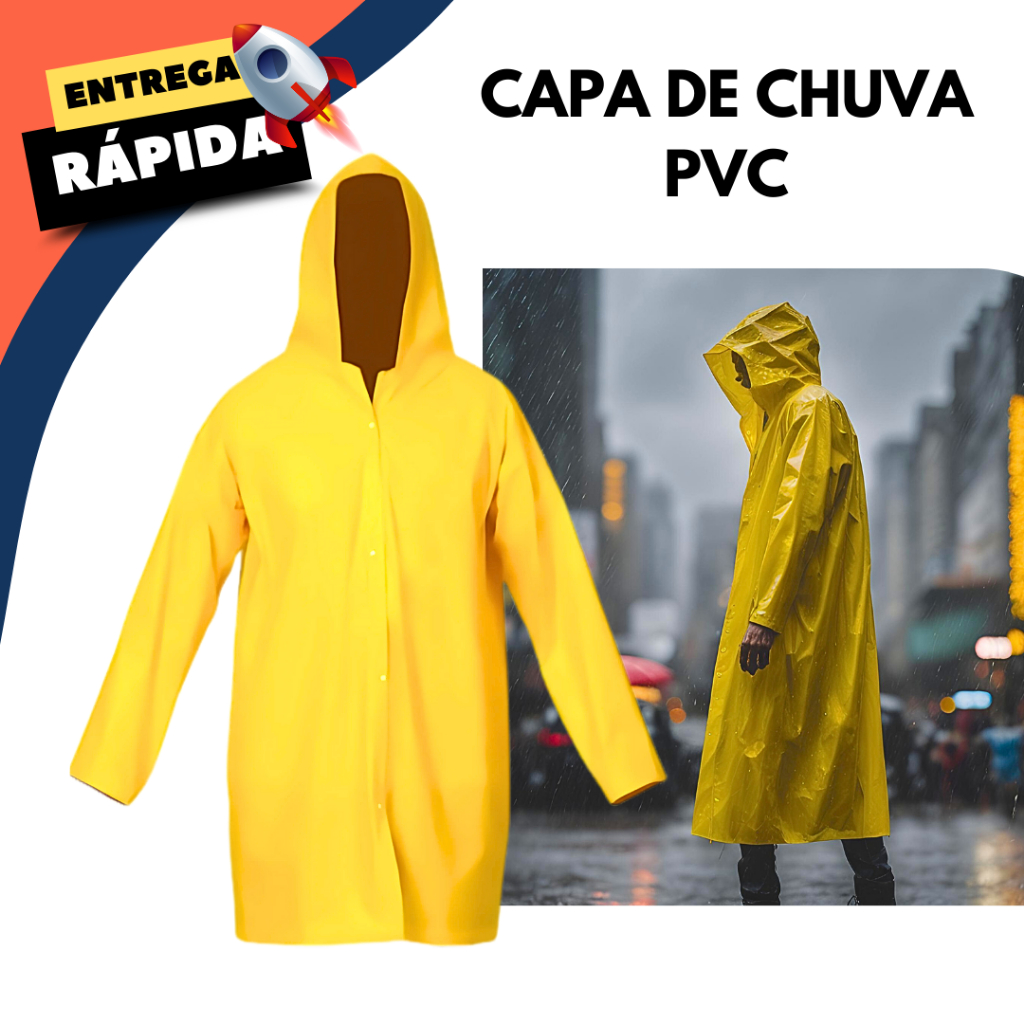 Capa de PVC Impermeavel para Chuva Manga Longa com Botão Amarela ...