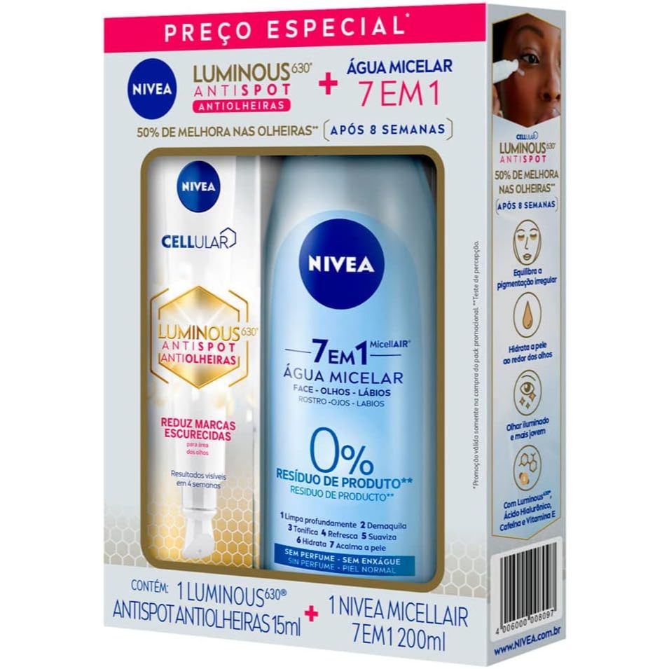 Kit NIVEA LUMINOUS 630® Antiolheiras 15ml + NIVEA Água Micelar 7 em 1 ...