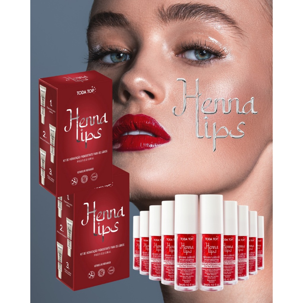 Henna Labial Vermelho + Gloss Vermelho Com Glitter Toda Top Kit ...