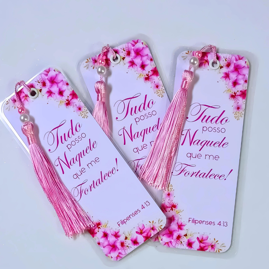 Marcador de Página com Tassel plastificado personalizado (Floral com Versículo Bíblico) Bíblia ...