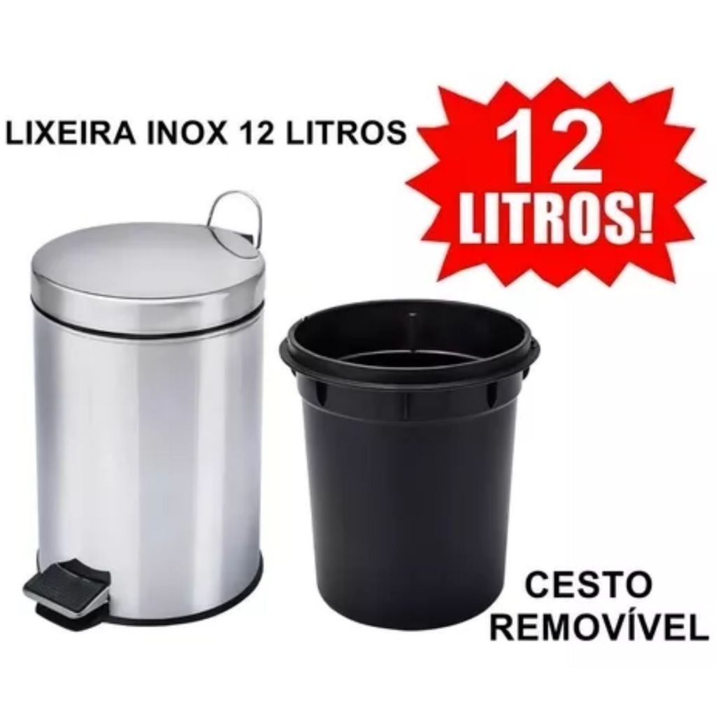 Lixeira Inox 12 Litros Cesto de Lixo Inox Grande Com Balde Removível ...