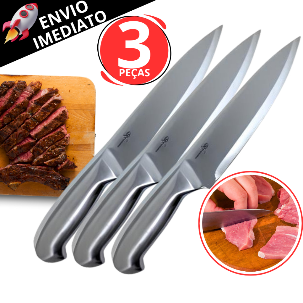 Kit 3 Faca Peixeira Toda em Inox Profissional N°7 Linha Texas Afiada ...
