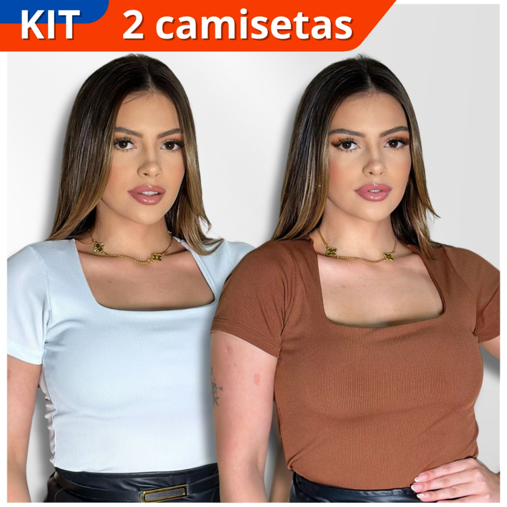 Kit 2 Blusas Feminina Canelada Listrada Gola Decote Quadrada Manga ...