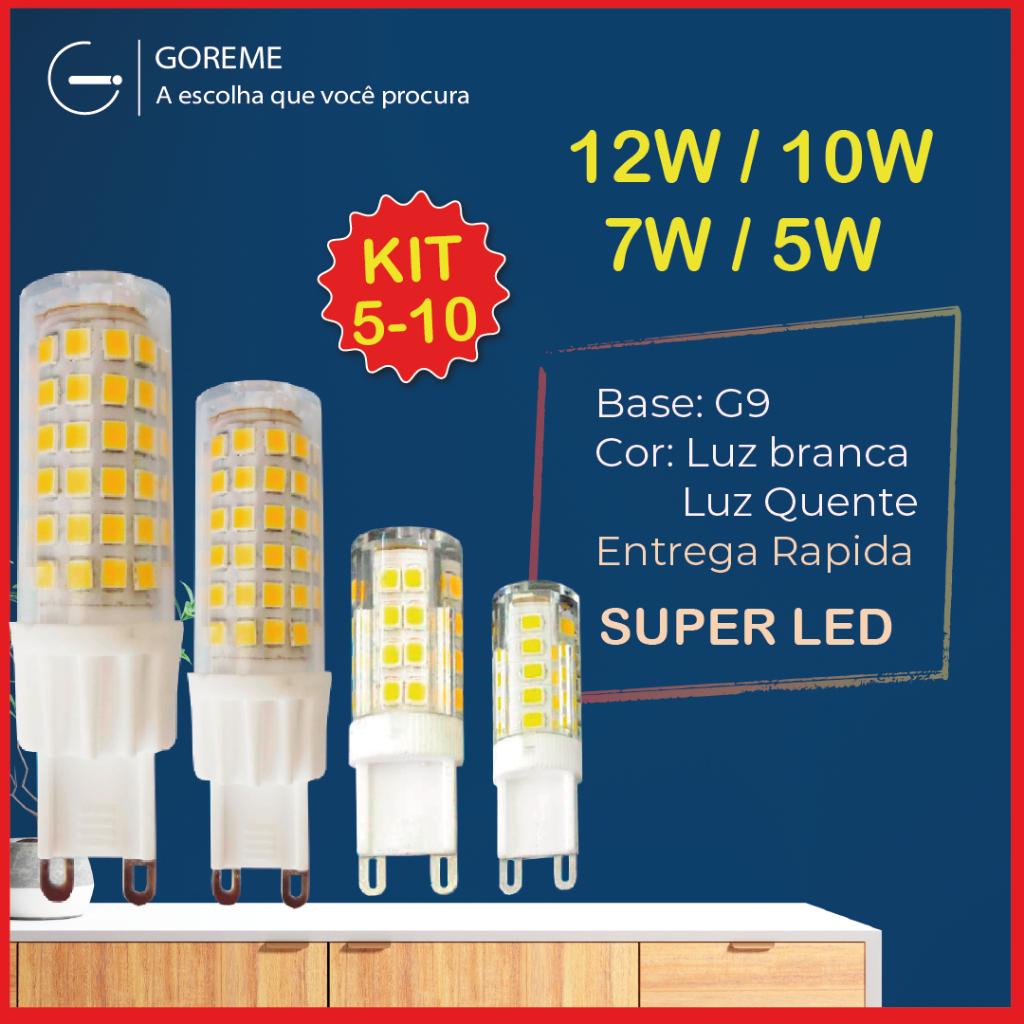 Kit 10 Lâmpada Led 12W 10W 7W 5W G9 Halopin | Luz Quente 2200K | Luz Fria 7000K Bipino ...