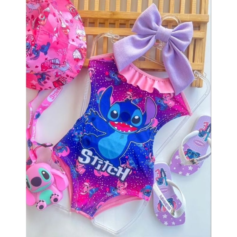 Maio biquine Infantil Stitch Azul Rosa Maio Verão Praia Temático ...
