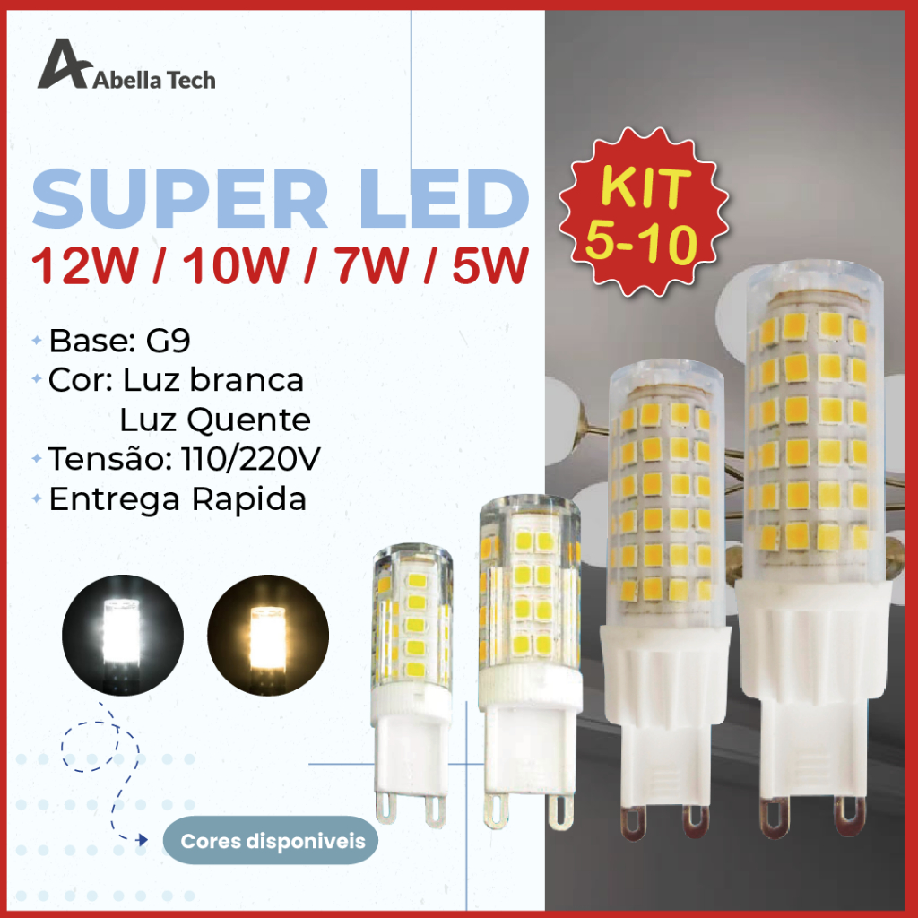 Kit 10 Lâmpada Led 12W 10W 7W 5W G9 Halopin | Luz Quente 2200K | Luz Fria 7000K Bipino ...