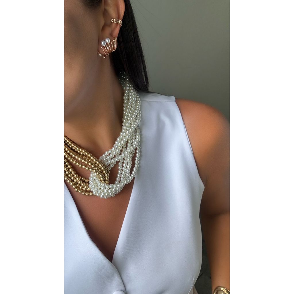 Maxi Colar Ananda perolado e dourado vintage | Shopee Brasil