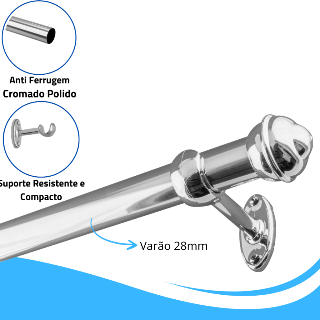 Varao de Cortina simples blackout com 4,00mts Cromado Polido 28mm ...