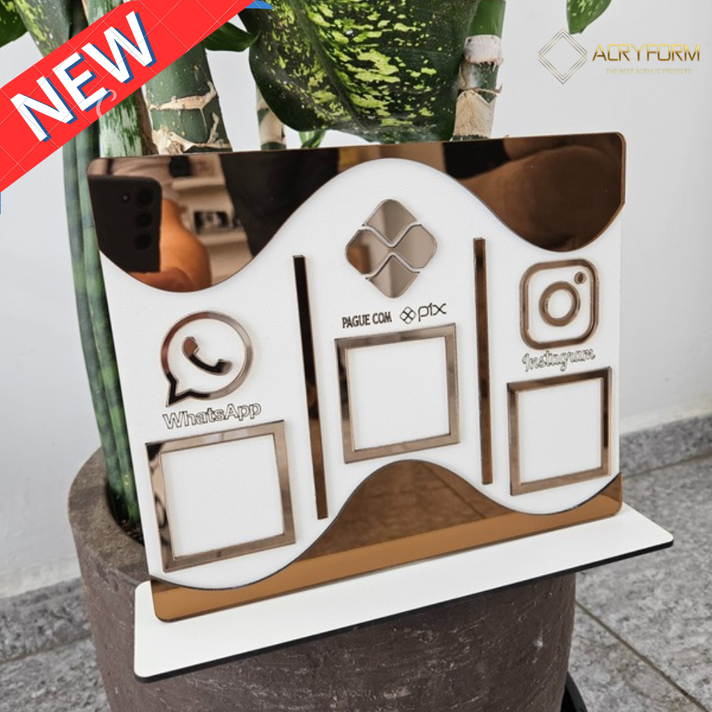 Placa Display de Mesa e Balcão para 3 QR Codes MDF Branco e Acrílico ...