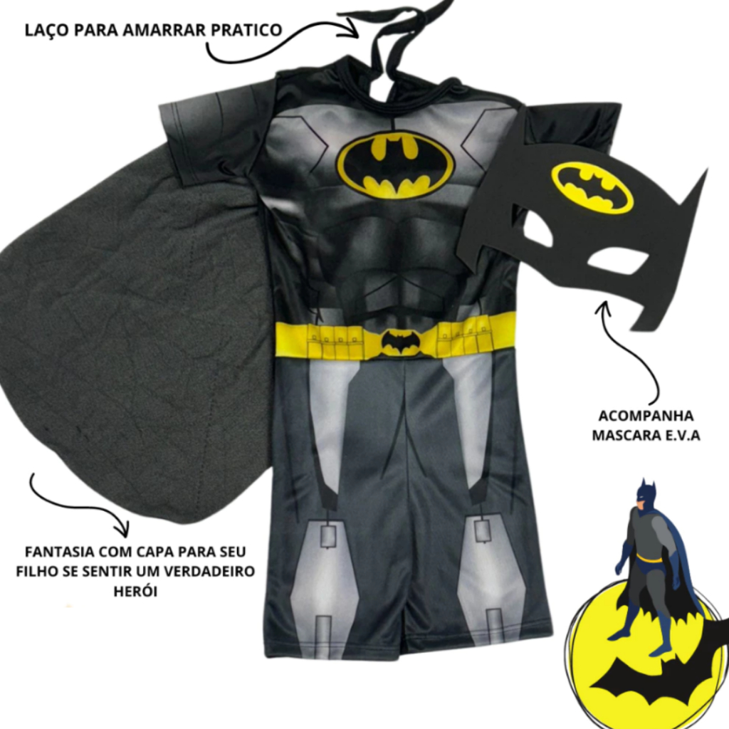 Fantasia Roupa Infantil Batman Herói Menino Curta com Capa- Envio ...