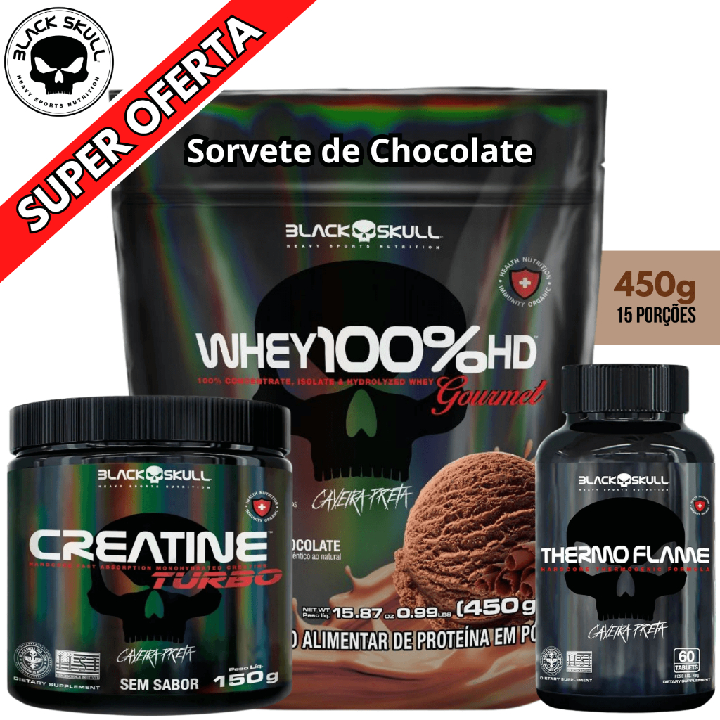 Kit Suplemento Whey Protein 100% HD REFIL 450g Gourmet + Creatina Monohidratado Turbo 150g ...