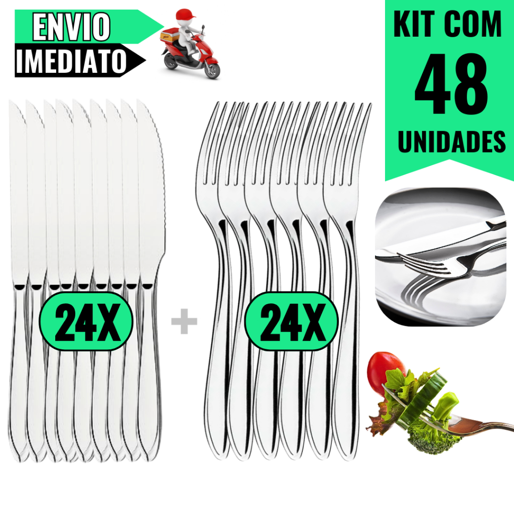 Kit de 48 Talheres em Aço Inox Premium 24 Garfos e 24 Facas de Alta ...