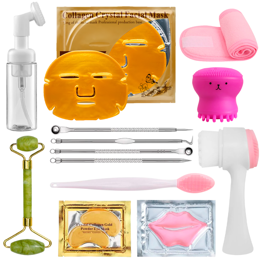Kit Skincare Completo Faixa de Cabelo Máscara Gold Rolo Jade Polvinho Pump Pads Espátula de ...