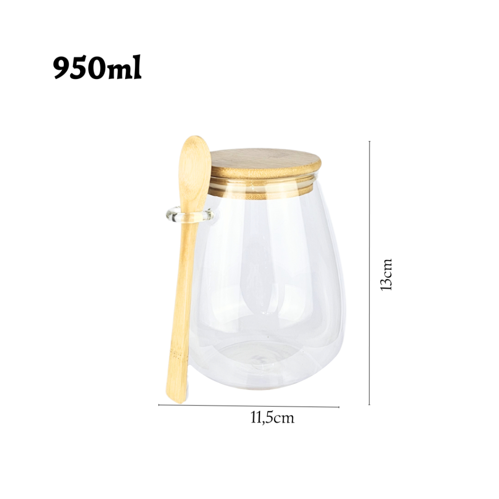 Kit 03 Pote De Vidro Oval Tampa Bambu Hermético Com Colher 500ml 750ml 950ml SEM ADESIVO MIMI ...
