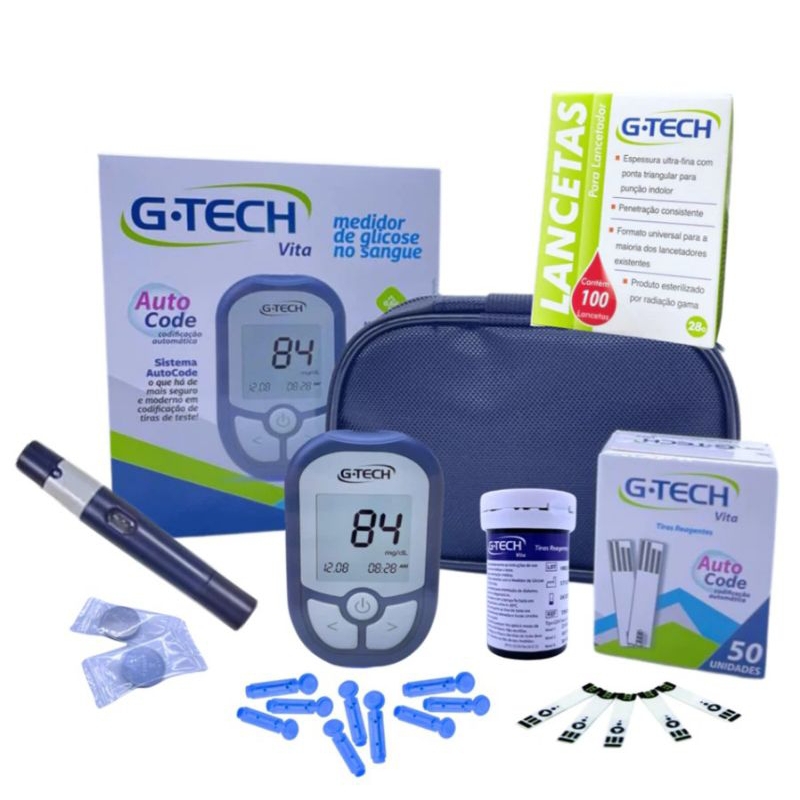 Kit Medidor de Glicose + 50 Tiras + 100 Lancetas G Tech Vita + Estojo + Caneta Lancetadora ...
