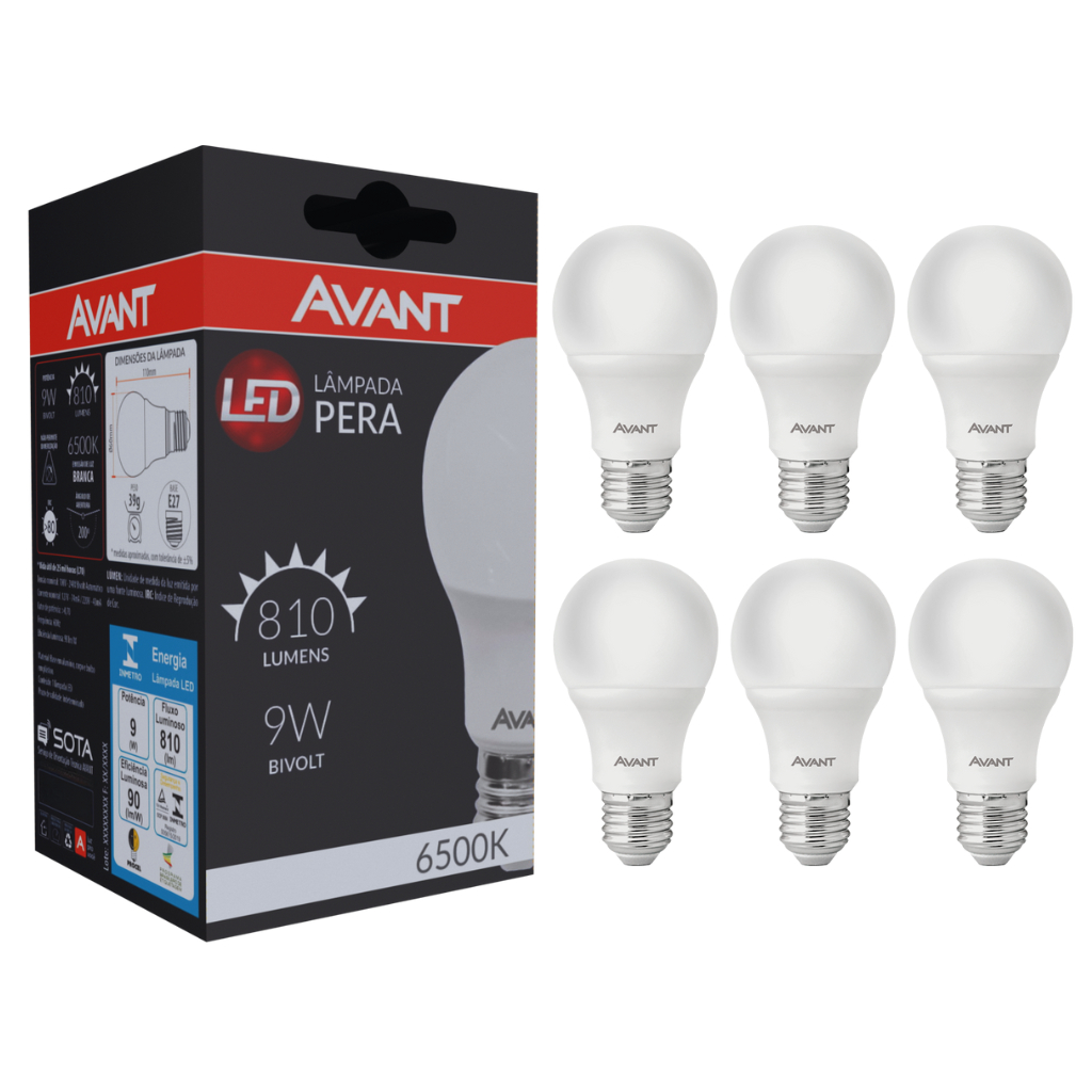 Kit 6 Lâmpadas Led Bulbo 9w Branco Frio 6500k Bivolt E-27 Avant | Shopee Brasil