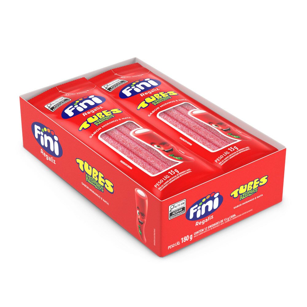 5 displays de Fini Tubes Azedinho sabor morango e nata com 12 pacotes ...