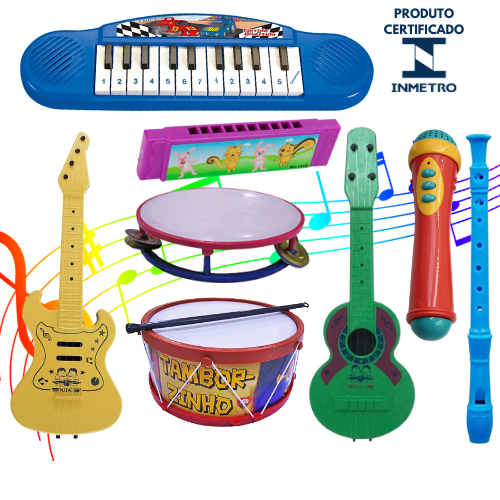 Kit 8 Instrumentos Infantil Microfone Teclado Viola Brinquedo Pandeiro Tambor Flauta Gaita ...