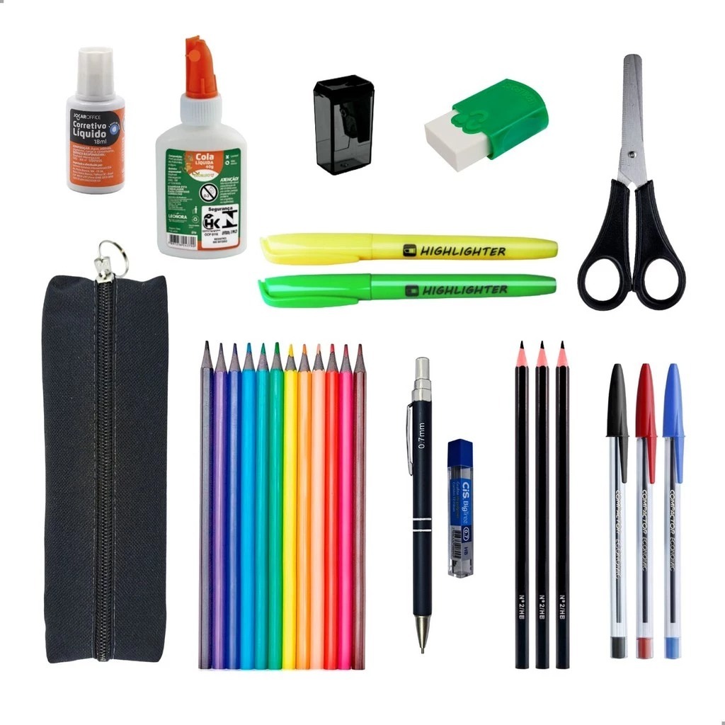 Kit Material Escolar Estojo Lapis De Cor Canetas Marcador Cola Tesoura ...