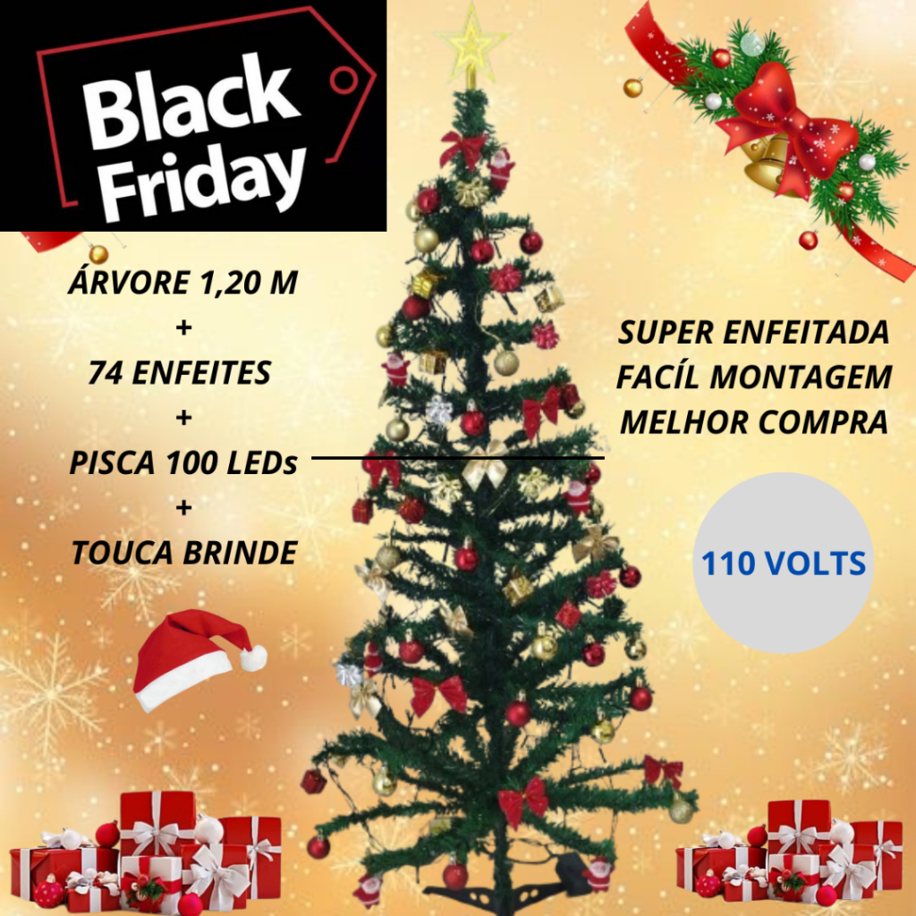 Árvore de Natal LUXO completa com 1,20 m com 74 enfeites + MIMO BLACK ...