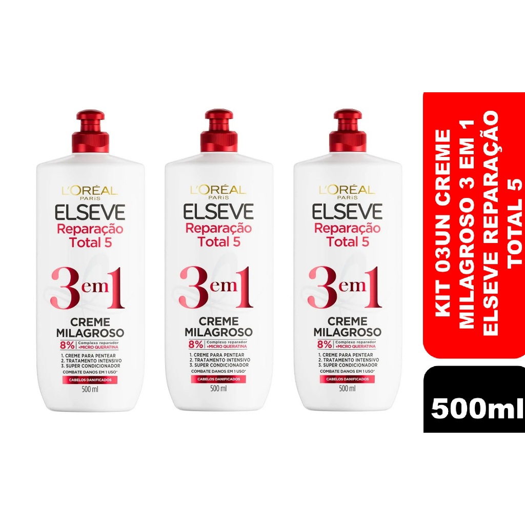 Kit 03un Elseve Creme Milagroso 3 em 1 Elseve Reparação Total - 500ml ...