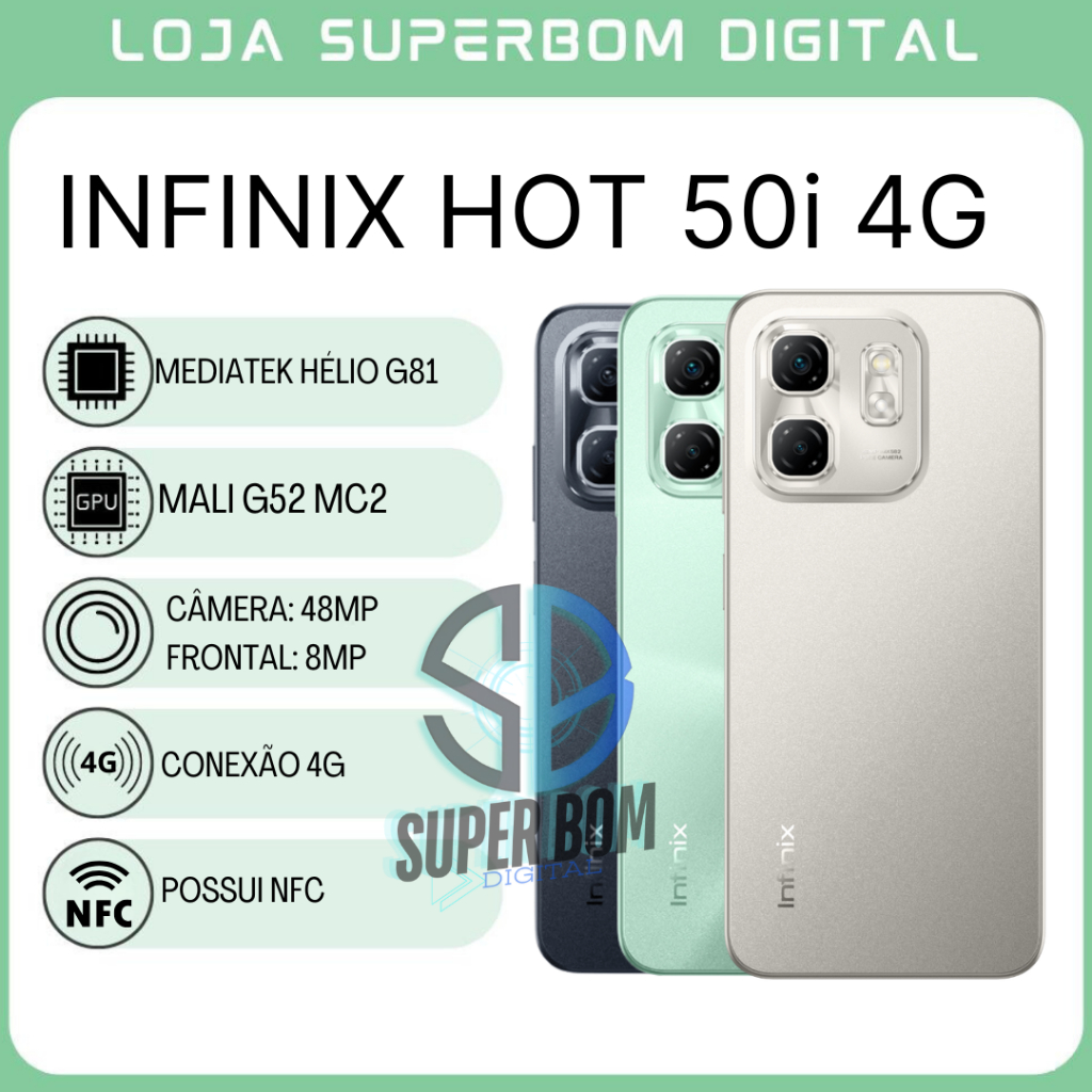 INFINIX HOT 50i, 256GB e 4GB RAM, Câmera 48MP, Processador MediaTek ...
