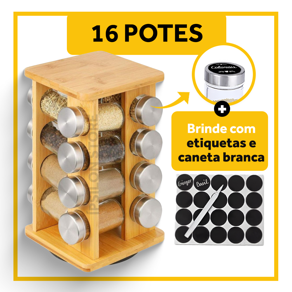 Porta Condimentos Temperos Bambu Giratório Cozinha 16 Peças Potes ...