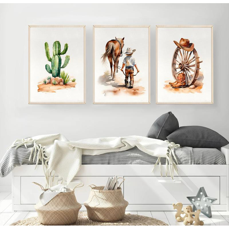 kit quadros decorativos arte cowboy ocidental cacto decoração de quarto ...