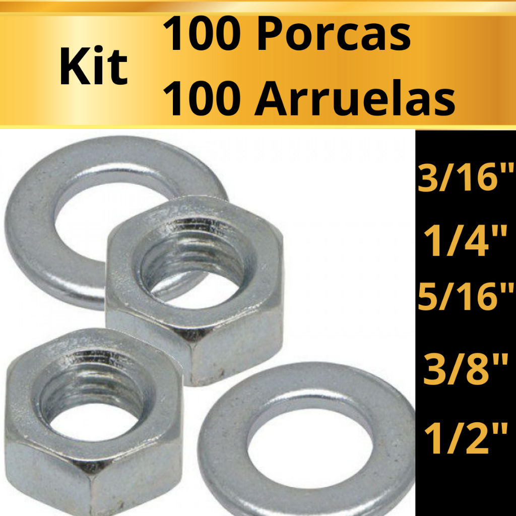 Kit 100 Porcas e 100 Arruelas Zincada - Medidas 3/16" , 1/4" , 5/16" , 3/8" , 1/2" | Shopee Brasil