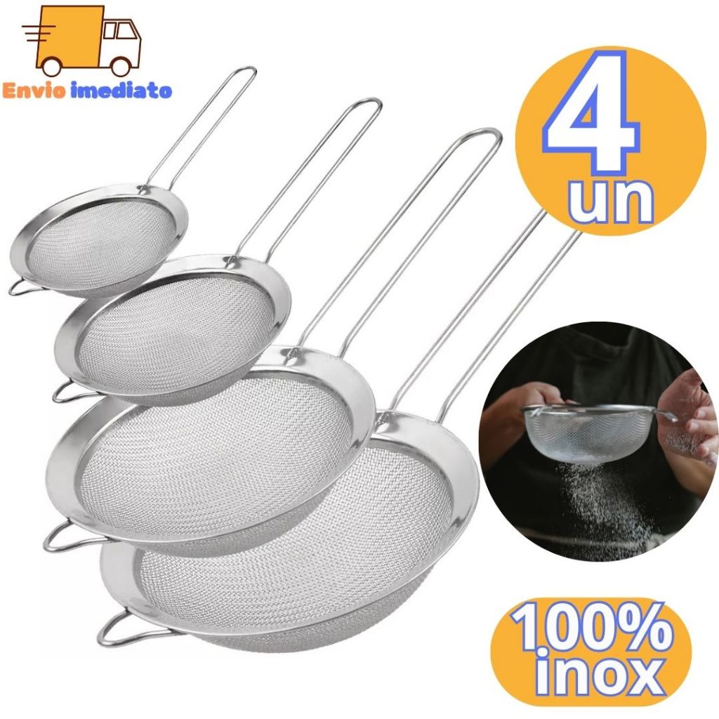 Kit com 4 Peneira Coador em Aço Inox Multifuncional Para Farinhas ...