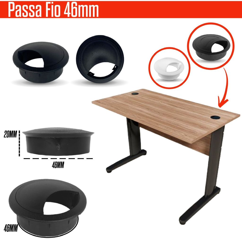 Acabamento para Mesas e Moveis Passa Fio Cabo 46mm Preto/Branco Alta Qualidade Kit 5/10/20/40 ...