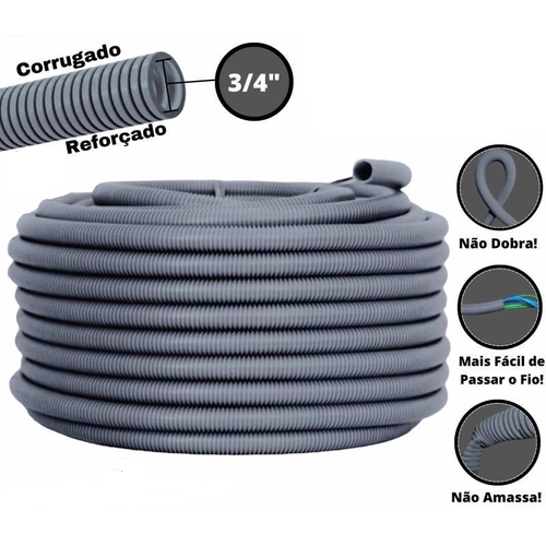 Conduite Eletroduto Corrugado CINZA 3/4 50 Metros REFORÇADO PEAD Alta ...