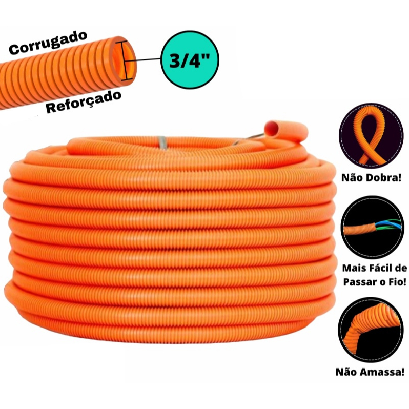 Conduite Eletroduto Corrugado LARANJA 3/4 50 Metros REFORÇADO PEAD Alta ...