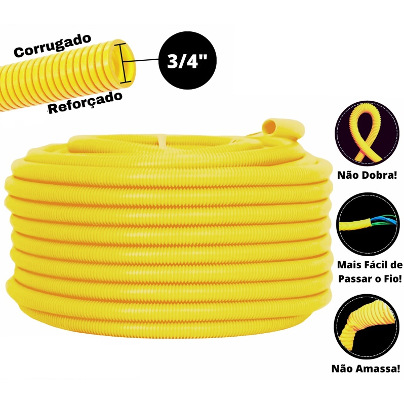Conduite Eletroduto Corrugado AMARELO 3/4 50 Metros REFORÇADO PEAD Alta ...
