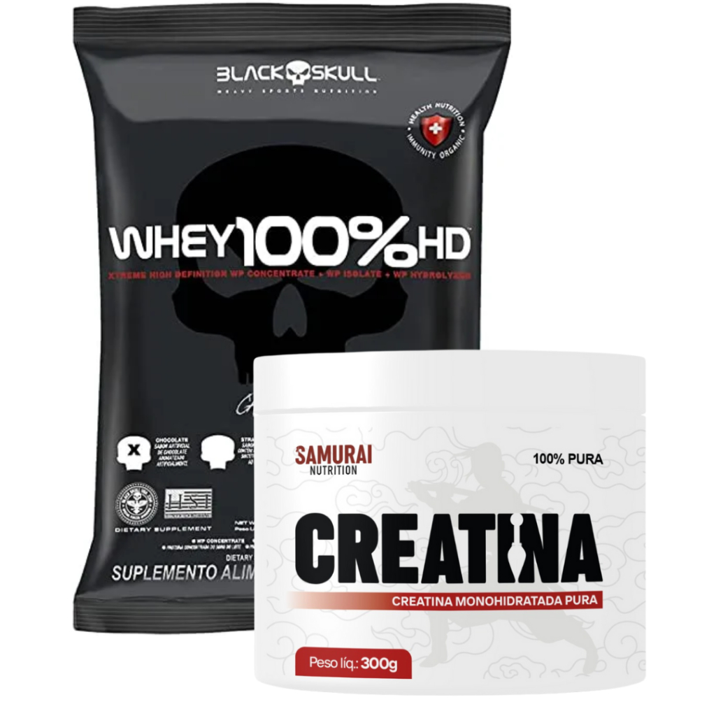 Kit 1x Whey 100% HD Refil 900g Blackskull + 1x Creatina Monohidratada Pura Samurai Nutrition ...