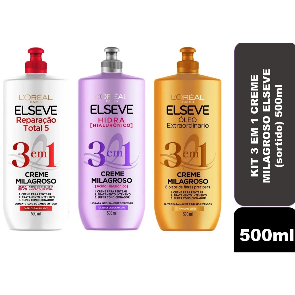 Kit 03un Creme Milagroso Elseve 3 em 1 (Sortido) 500ml | Shopee Brasil