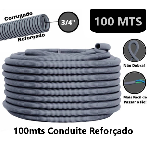 Conduite Eletroduto Corrugado Cinza 3/4 100 Metros REFORÇADO PEAD Alta ...