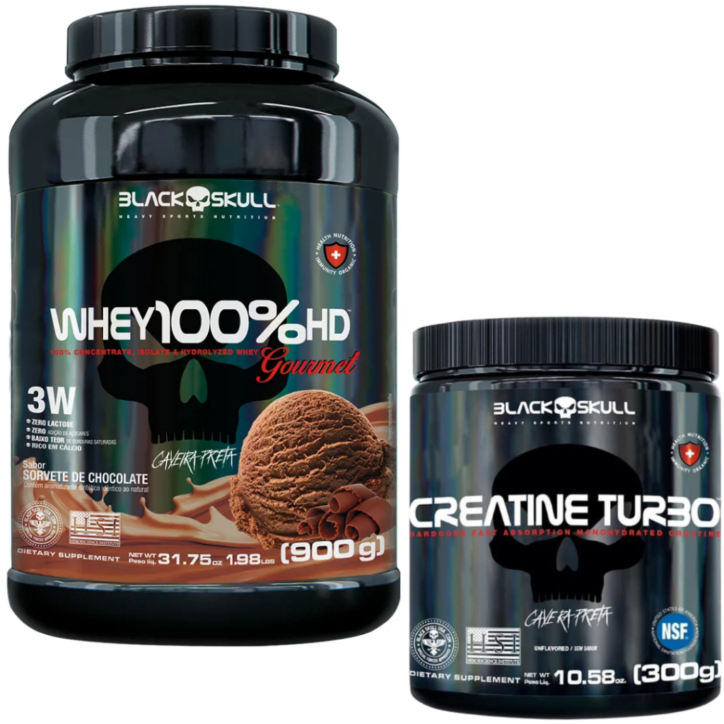 Kit 1x Whey Zero Lactose 100%HD Gourmet 900g + 1x Creatina Turbo pote 300g Blackskull | Shopee ...