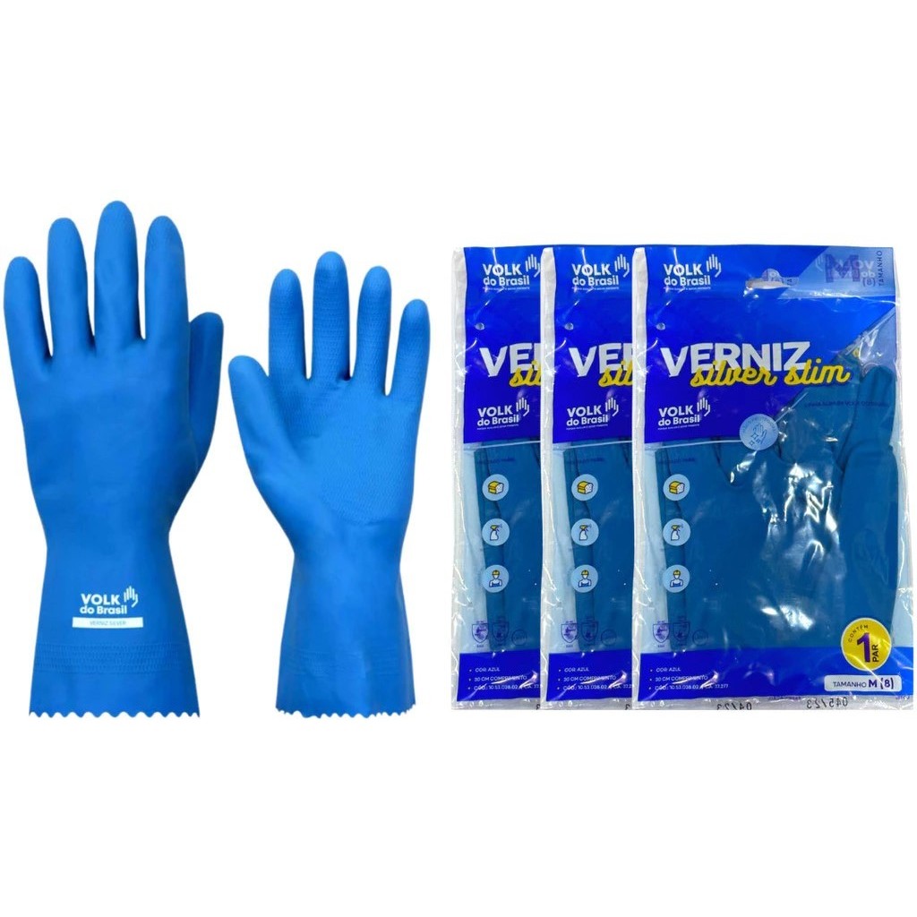 KIT Luva De Látex Natural Verniz Silver Slim Azul Antialérgica Volk ...