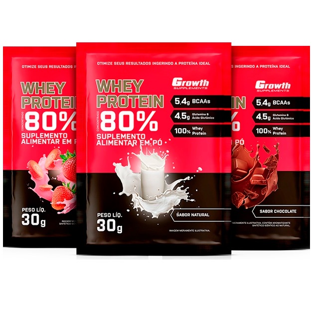 Kit 3x Sachês Whey Protein 100% Concentrado (80% Proteína Pura) - Sachê 30g Cada (90g) - Growth ...