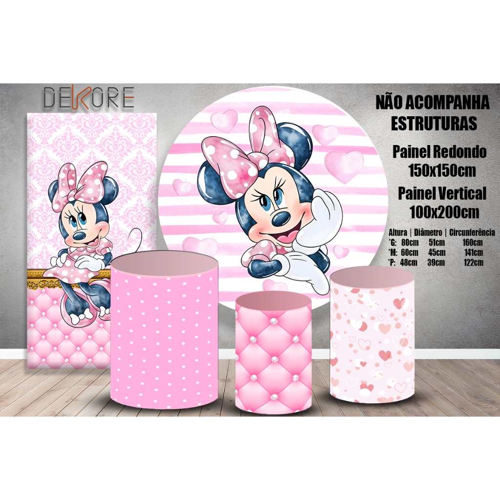 Kit Painel Minnie Mouse Rosa Aquarela + Trio Cilindros Veste Fácil ...
