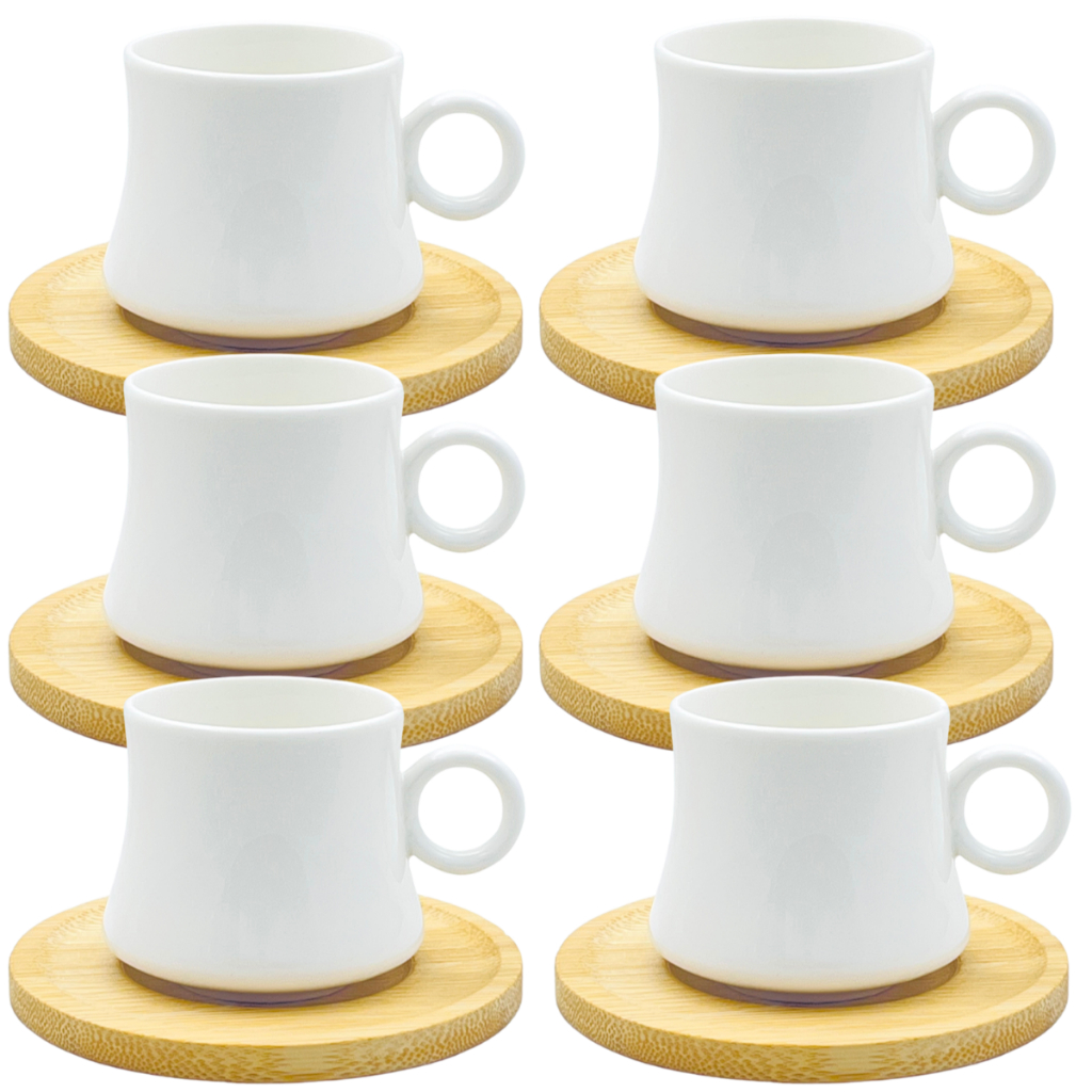 Jogo Xicara Porcelana 1° Linha Branca Café Cafezinho com Pires Bambu Jogos com 6 - 4 e 2 ...