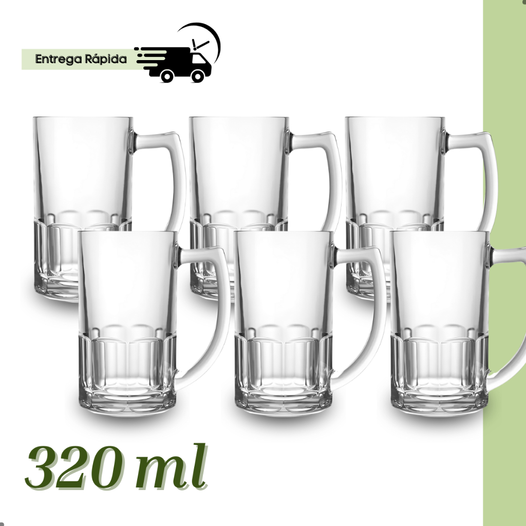 Jogo De 6 Canecas Chopp 320ml Em Vidro Copos Para Vitamina Cerveja Festa Bar | Shopee Brasil