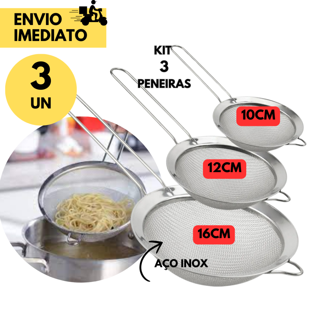 Kit 3 Peneira Coador em Aço Inox para Cozinha 3 Tamanhos 10cm 12cm 16cm ...