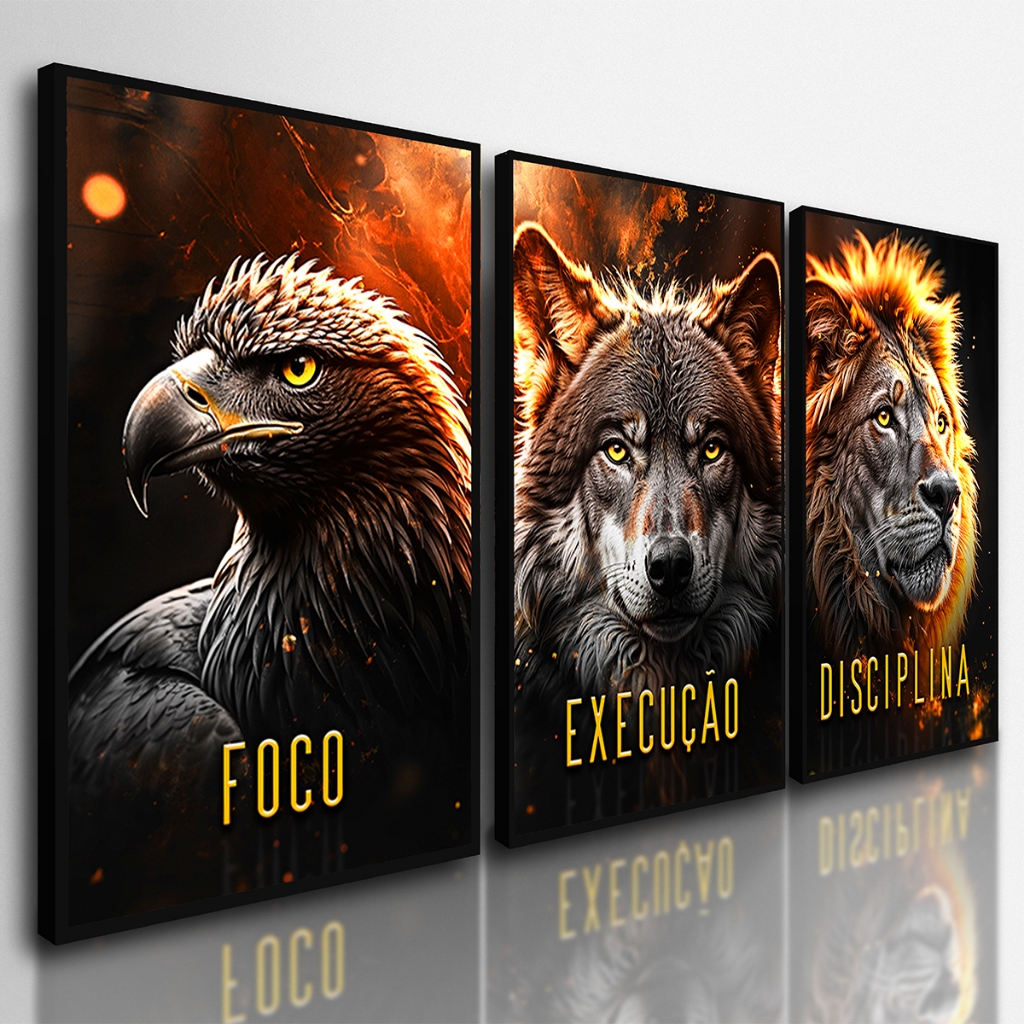 Quadro Decorativo Leão Fogo Animais Foco Disciplina Sala Escritório Hd ...