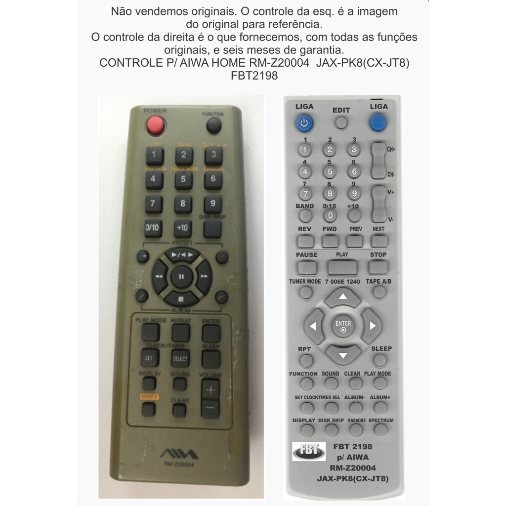 Controle Compatível Com AIWA HOME RM-Z20004 JAX-PK8 (CX-JT8) FBT2198 ...