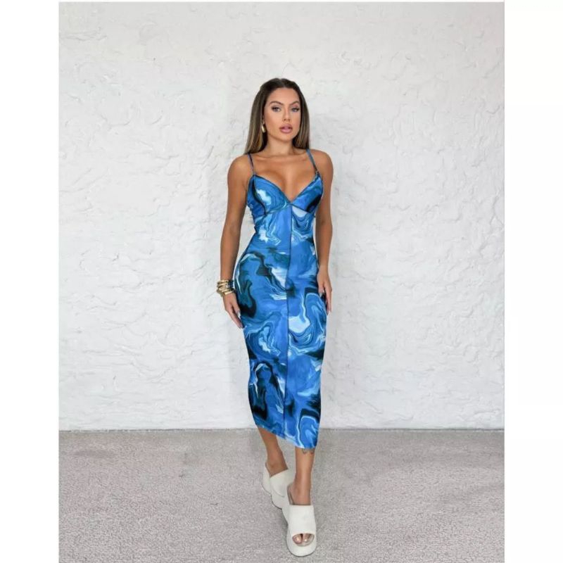 Vestido Feminino Estampado Tie Dye Midi Colado com Decote | Shopee Brasil